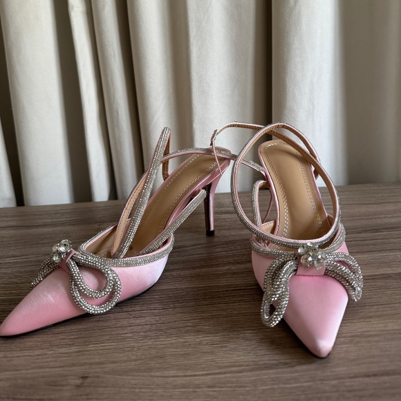 Shoes | Pink Satin Pointy Toe Heels With Crystal Bow And Ankle Straps ...